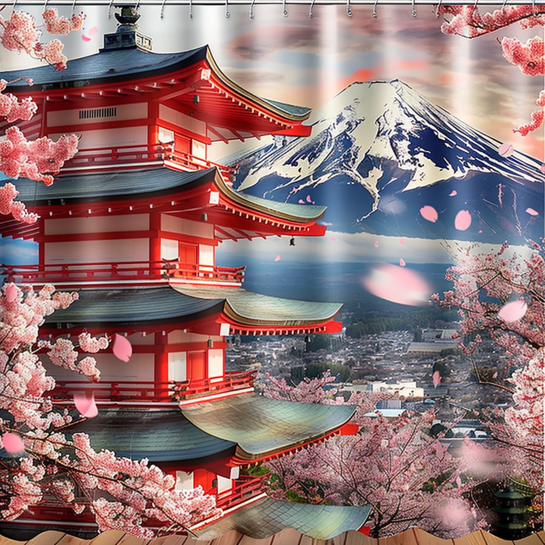 Japanese Temple Cherry Blossom Mount Shower Curtain Traditional Style ...