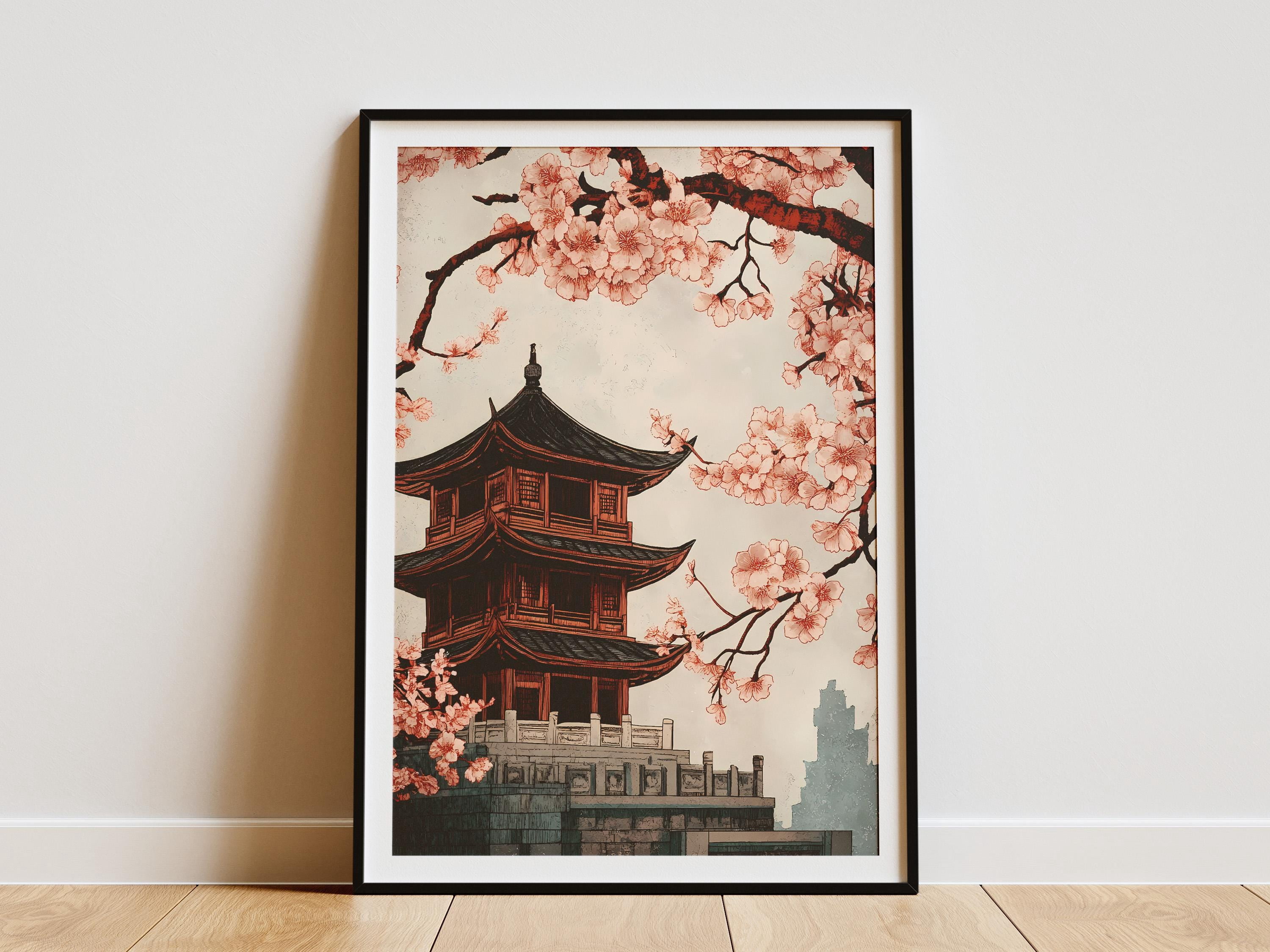 Japanese Temple Cherry Blossom Poster Asian Art Print Oriental Pagoda ...