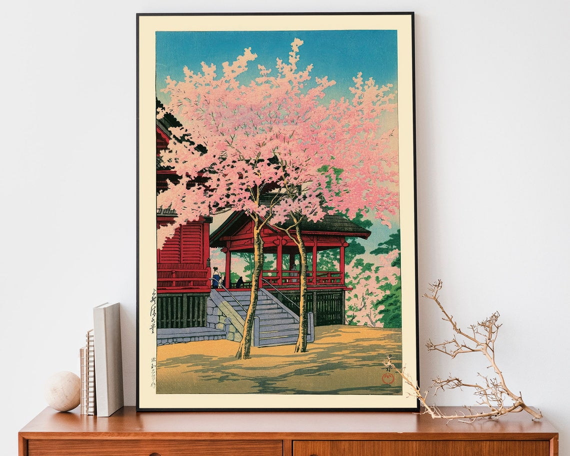 Japanese Temple Poster, Cherry Blossom Print, Vintage Woodblock Art ...