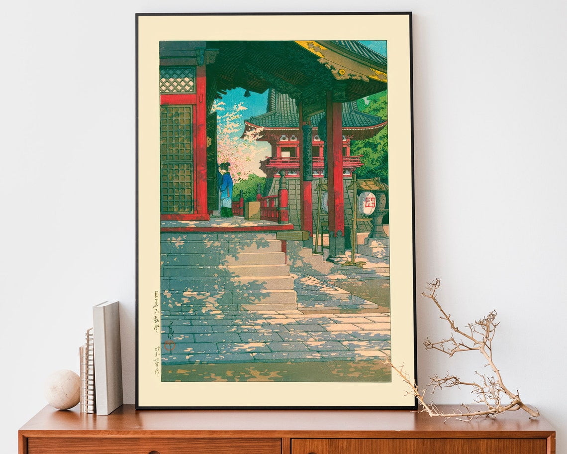 Japanese Temple Poster, Vintage Woodblock Art, Meguro Fudo Temple By ...
