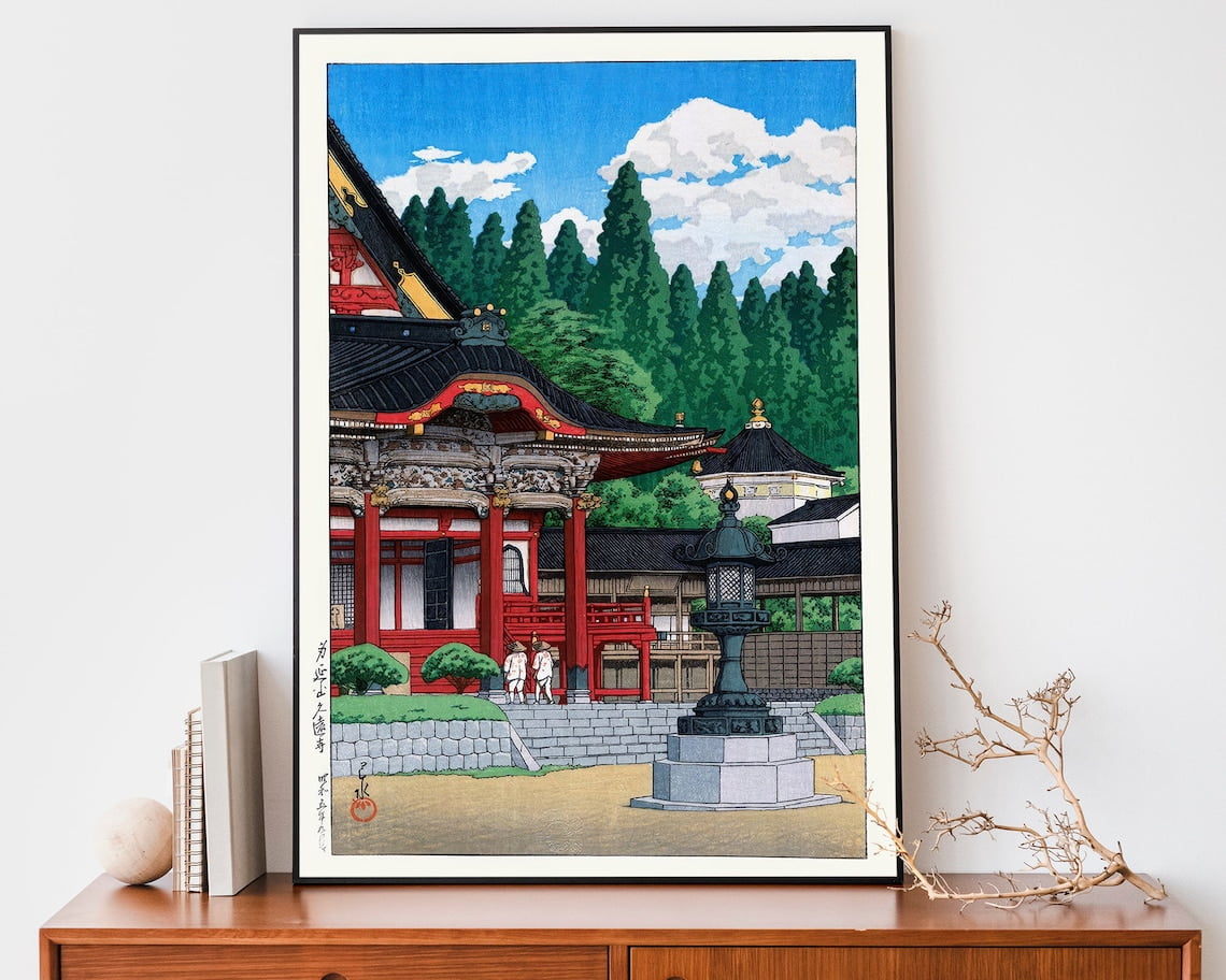 Japanese Temple Poster, Vintage Woodblock Art, Red Temple By Kawase ...