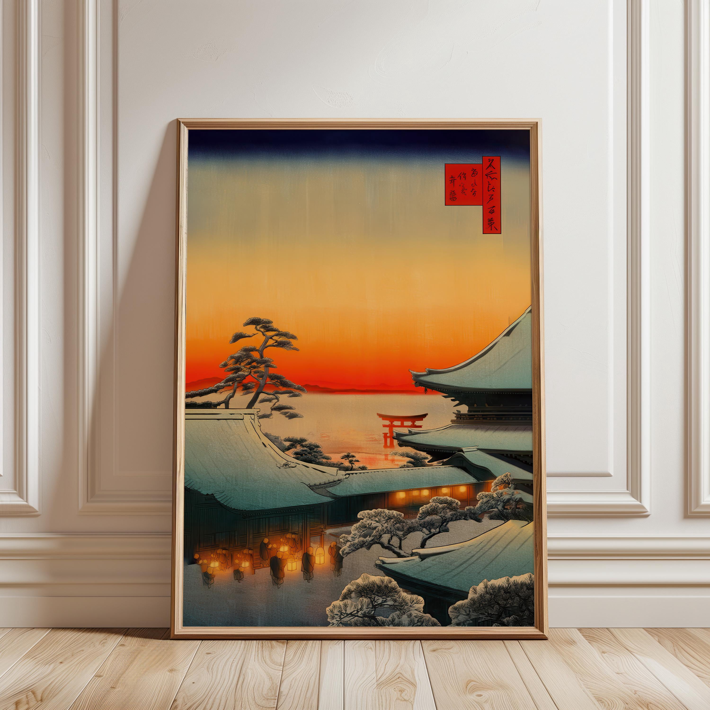 Japanese Temple Sunset Poster, Torii Gate Landscape Wall Art, Lantern ...