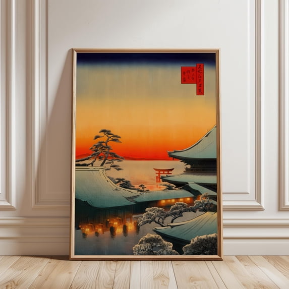 Japanese Temple Sunset Poster, Torii Gate Landscape Wall Art, Lantern ...