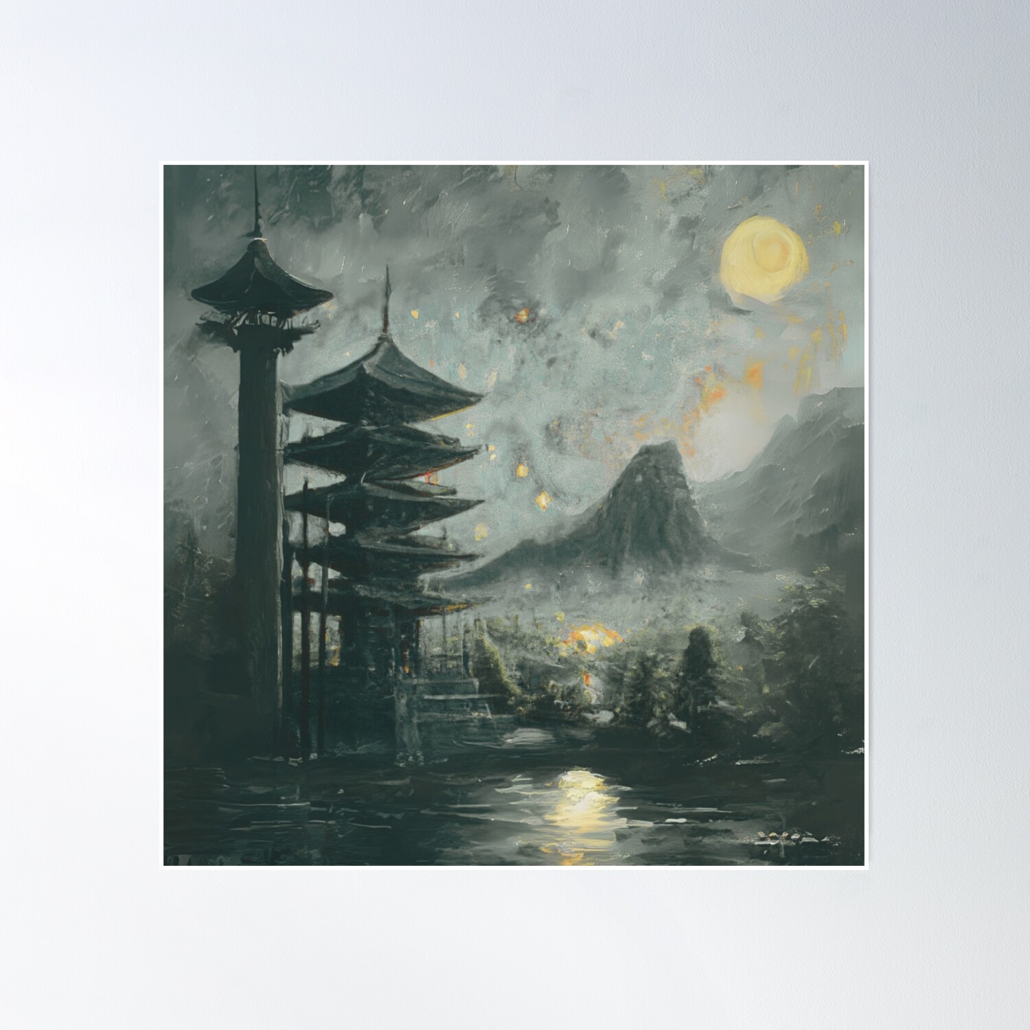 Japanese Temples With Weird Dark Grey Sky Poster Wall Art, Modern Wall ...