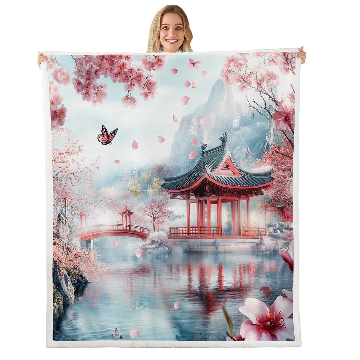 Japanese Throw Bed Blanket Twin 60"X80" Butterfly Cherry Blossom Sherpa ...