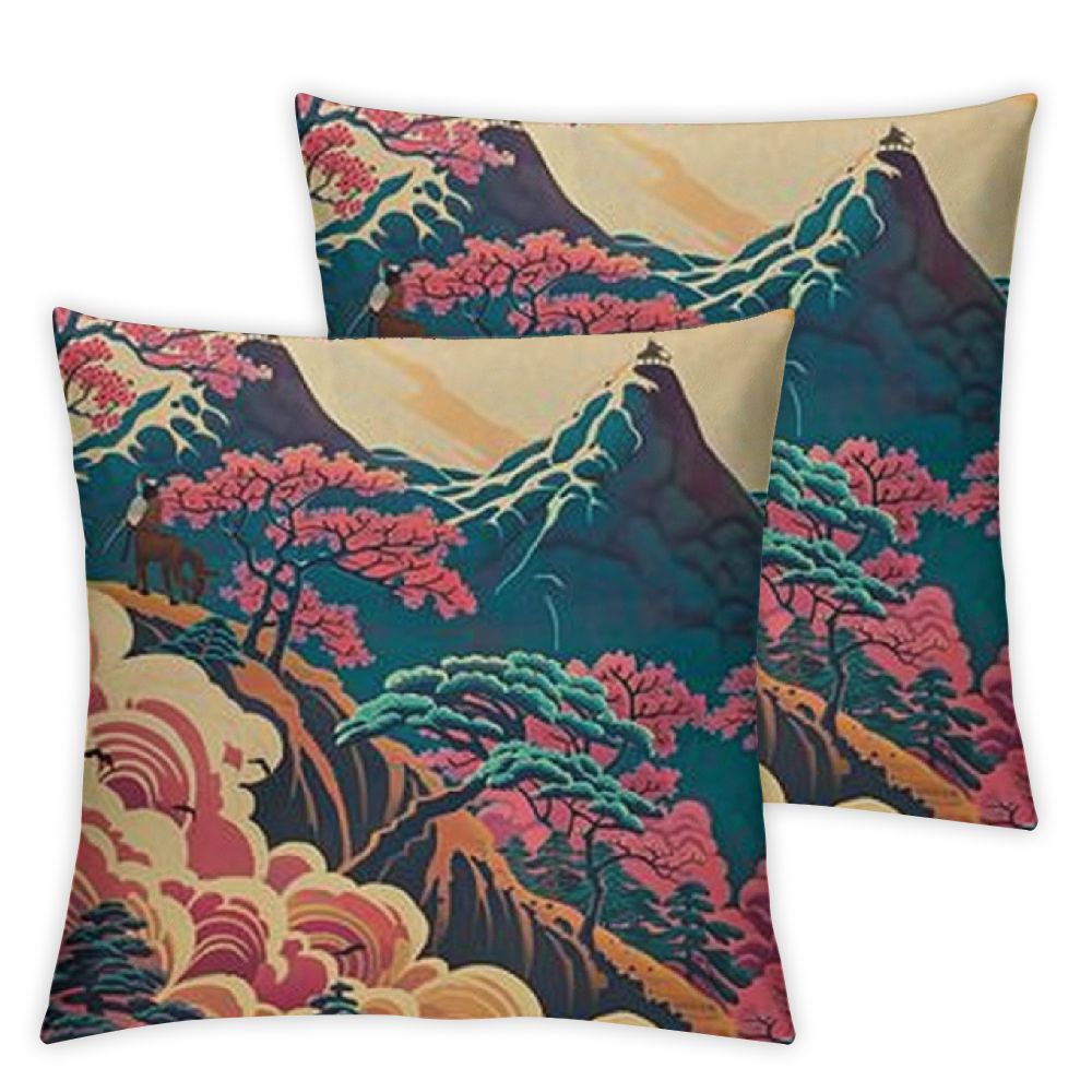 Japanese Throw Pillow Cover Set of 2 Aesthetic Asian Theme Sun Bohemian Blue Soft Velvet ...