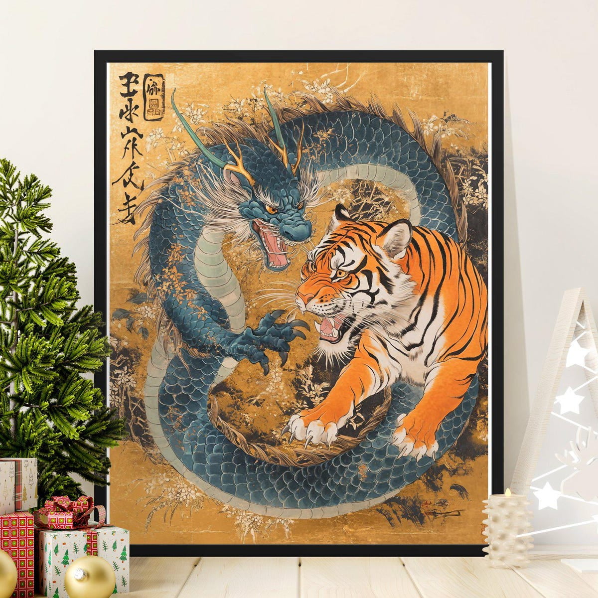 Japanese Tiger and Dragon Battle Poster, Eastern Mythical Creatures ...