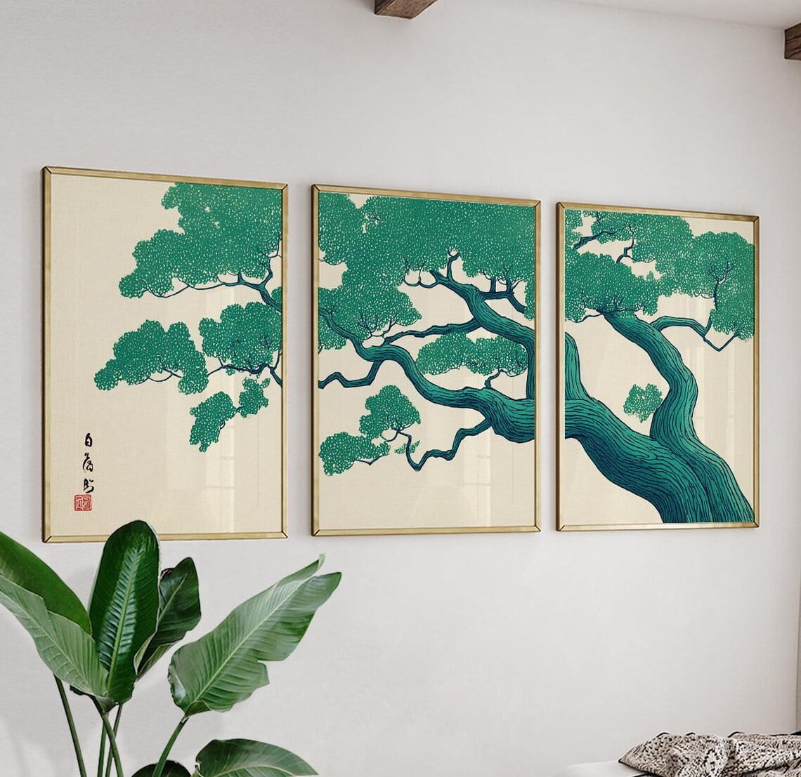 Japanese Tree Green Nature Triptych Art Set 3 Stretched Canvas 16x24 ...