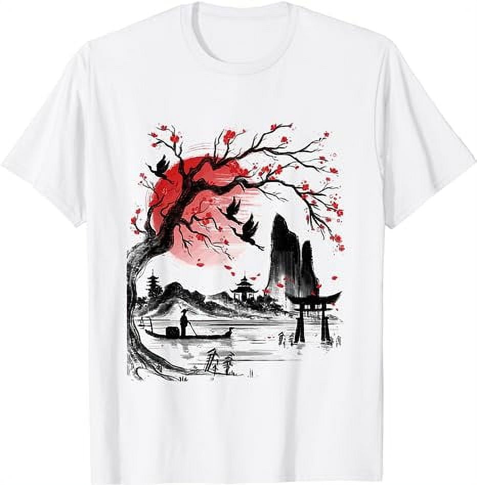 Japanese Tree Red Moon With Birds Flying in background T-Shirt ...