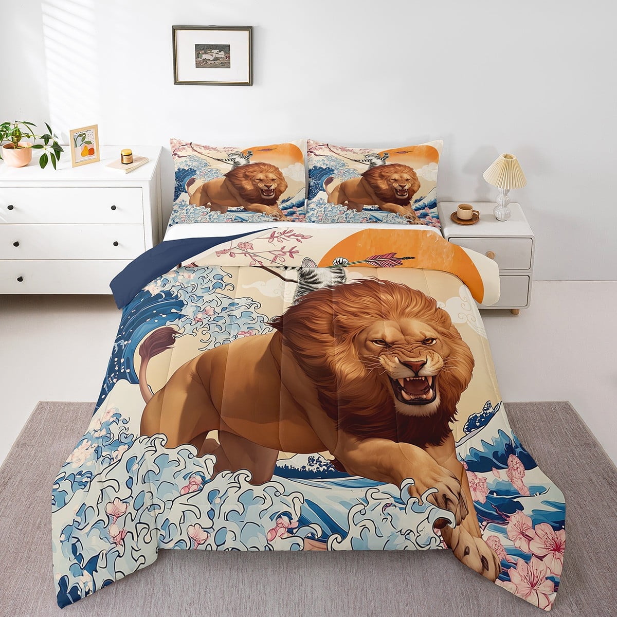 Japanese Twin Bedding Sets Funny Cat Riding Lion Comforter Set, Cool ...