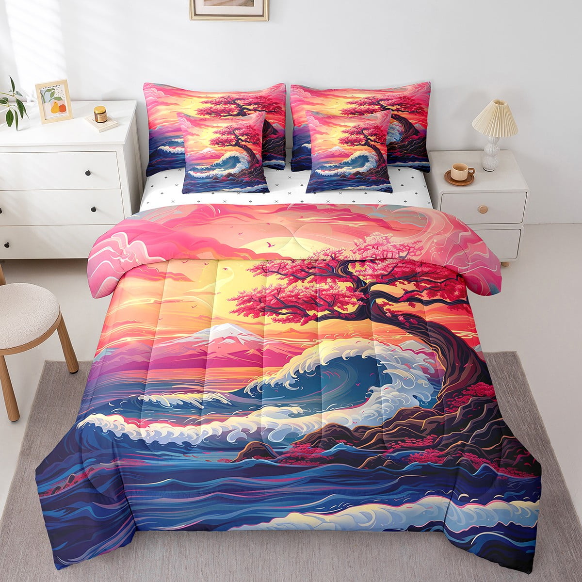Japanese Ukiyo-E Bedding Comforter Sets 7pcs Sea Ocean Wave Bed in a Bag, Oriental Asian Themed ...