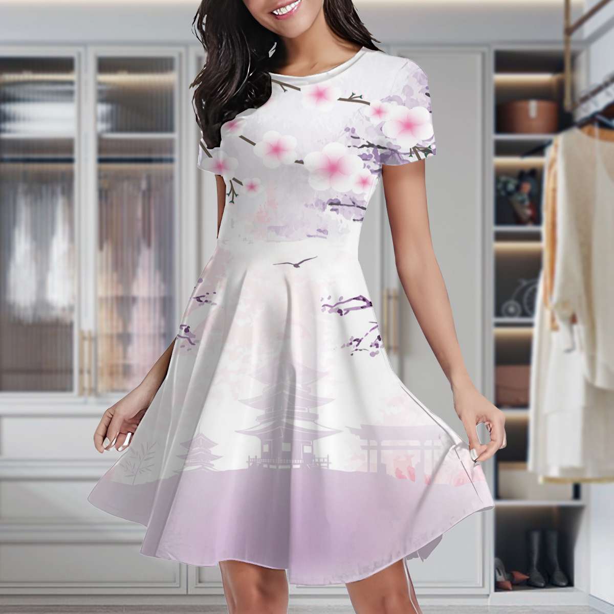 Japanese Ukiyo-E Cherry Blossoms Women's Classic Swing Skater Dress ...