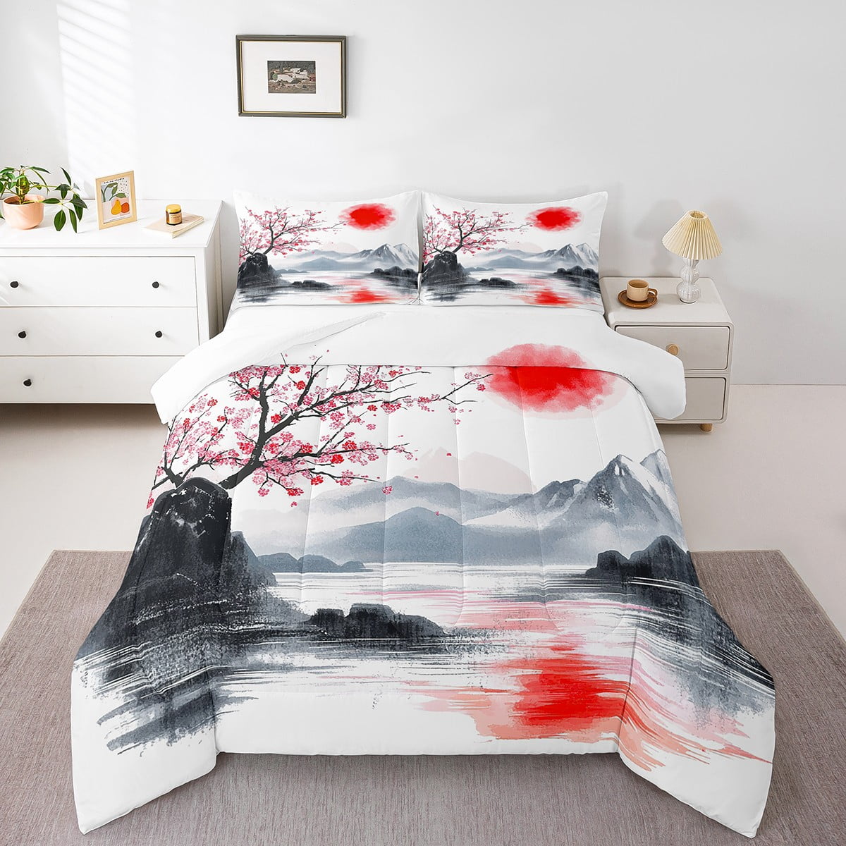Japanese Ukiyo-E Queen Comforter Set,Cherry Blossom Trees Cozy Bed Set ...