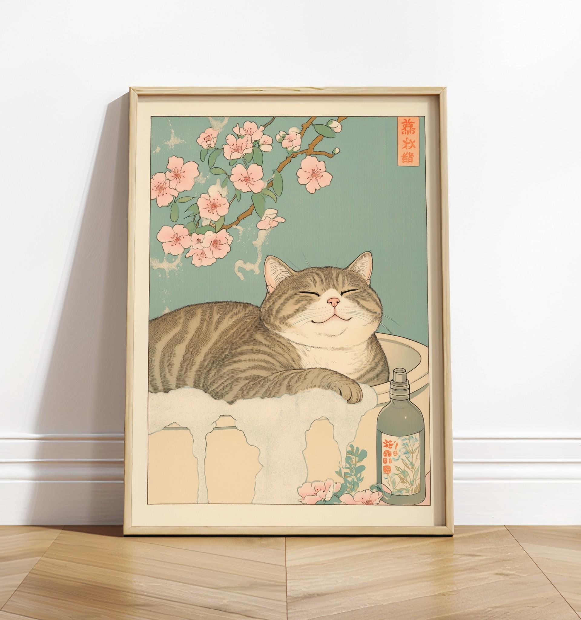 Japanese Ukiyo-e Cat Print: Tabby Cat in Bathtub, Japandi Bathroom Art ...