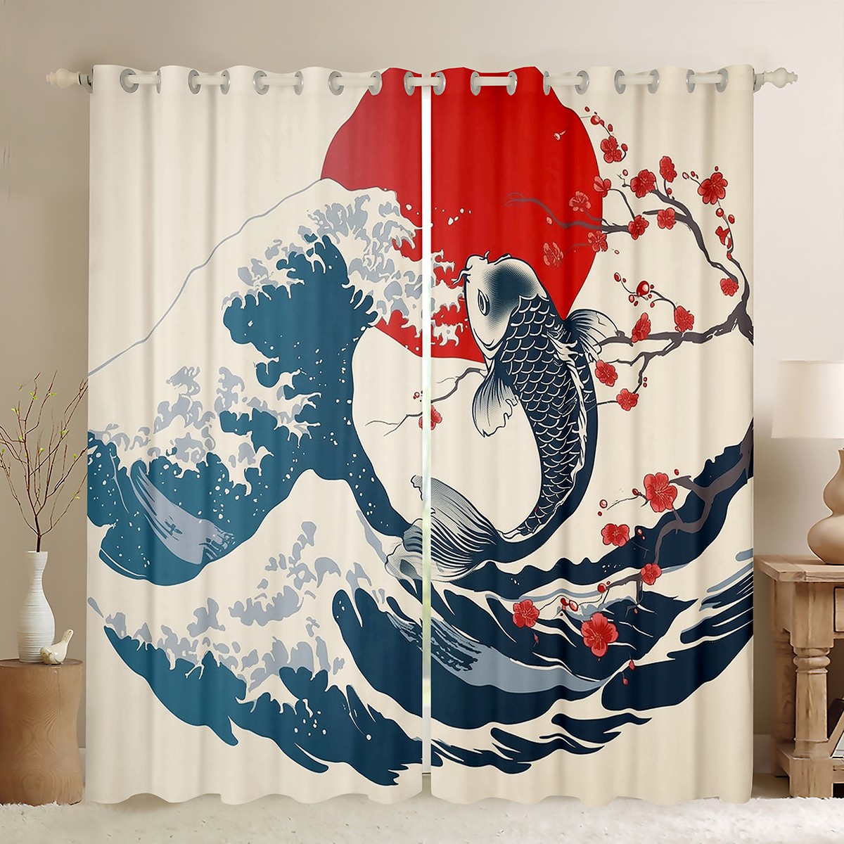 Japanese Ukiyoe 38"Wx45"L 2 Panels Curtains & Drapes Carp Ocean Wave ...