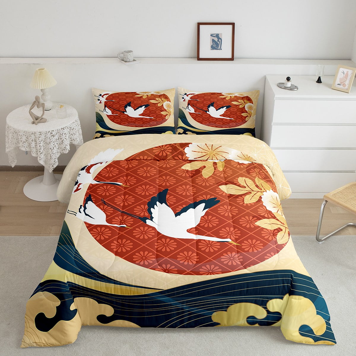 Japanese Ukiyoe Bedding Set Full White Crane Comforter Set, Oriental ...