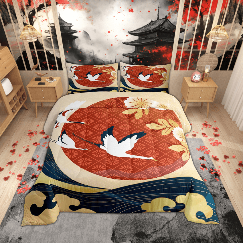 Japanese Ukiyoe Comforter Set King White Crane Bedding Set, Oriental Style Bedding Comforter ...