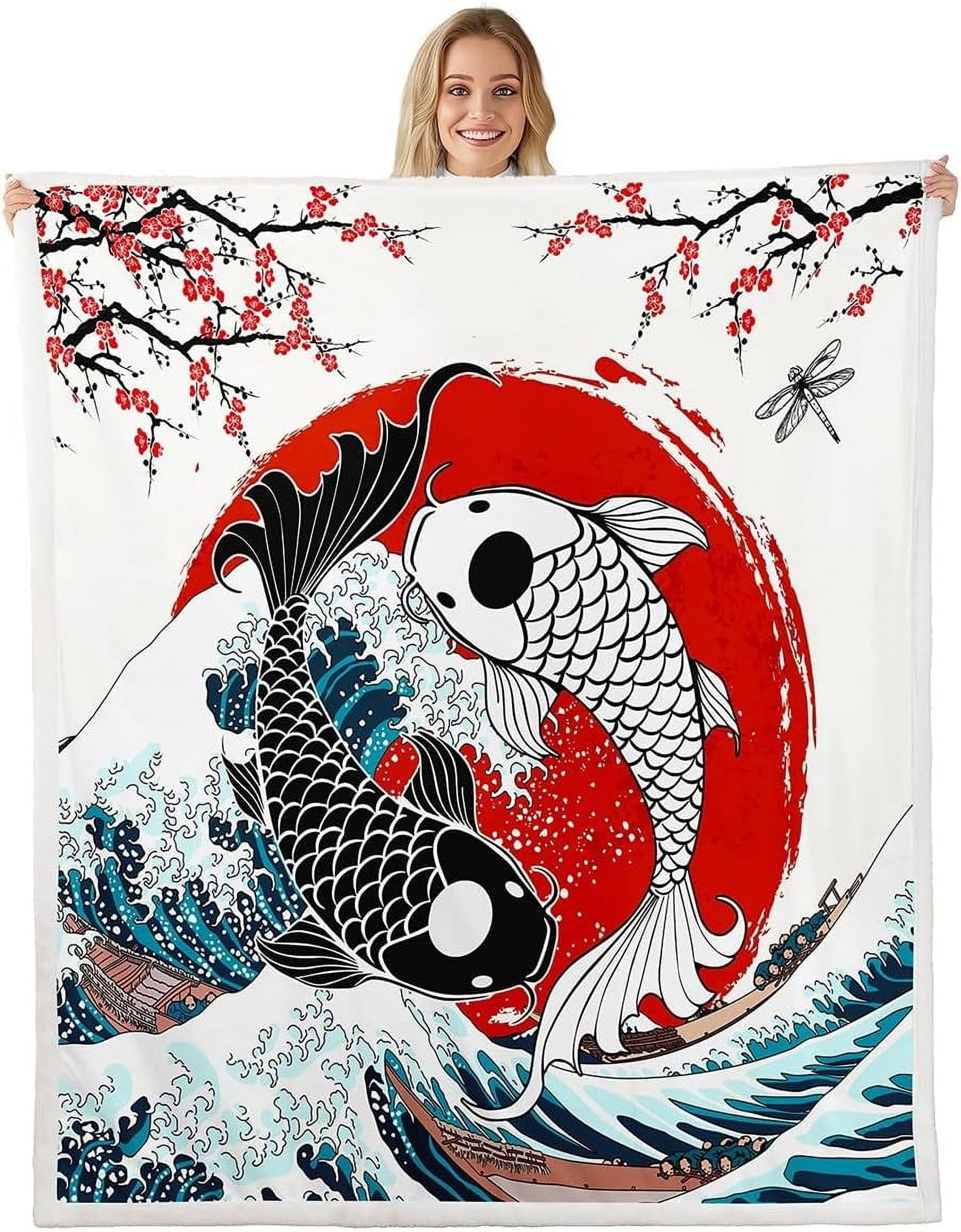 Japanese Ukiyoe Fish Throw Koi Toddler Fleece Blanket Kids Boys Adult ...