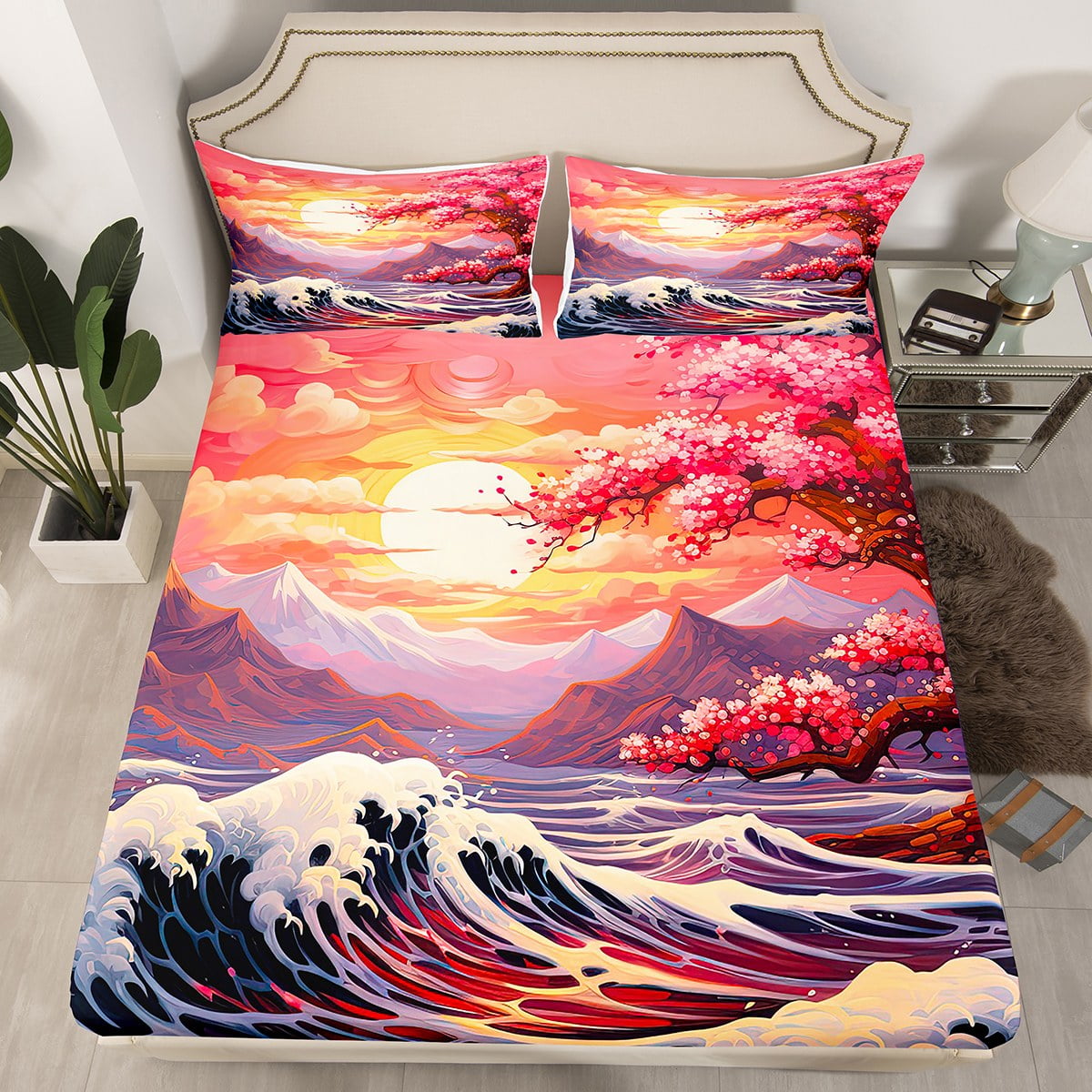 Japanese Ukiyoe Fitted Sheet Hokusai Ocean Wave Decor Bedding Set Pink ...