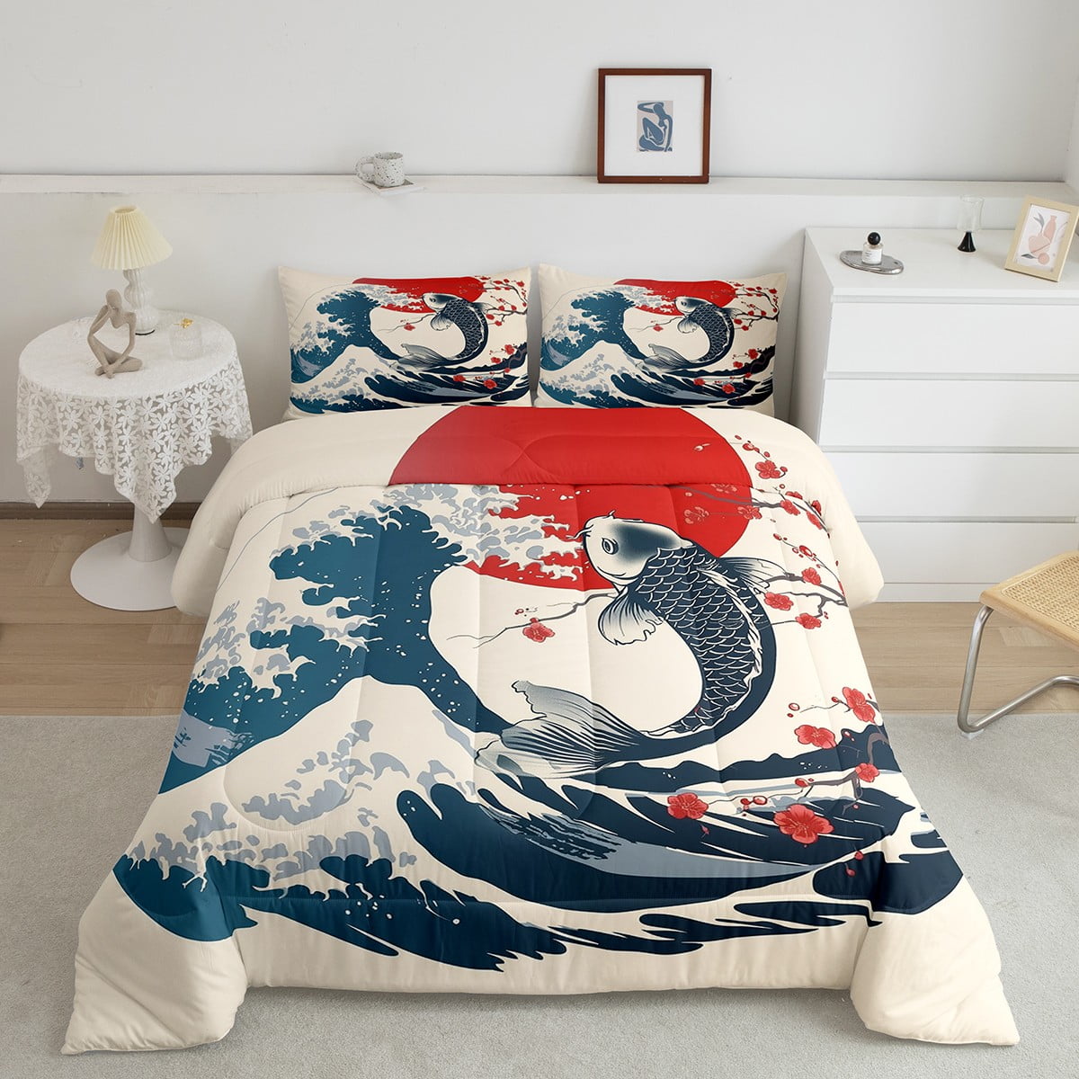 Japanese Ukiyoe King Bedding Set Carp Ocean Wave Down Comforter Red ...