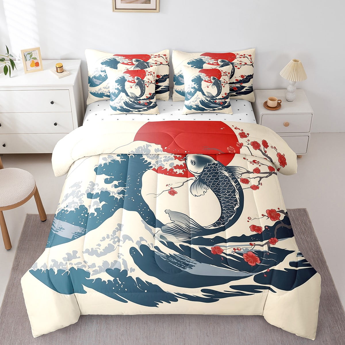 Japanese Ukiyoe King Bedding Set Carp Ocean Wave Sheet Set Red Moon Koi ...