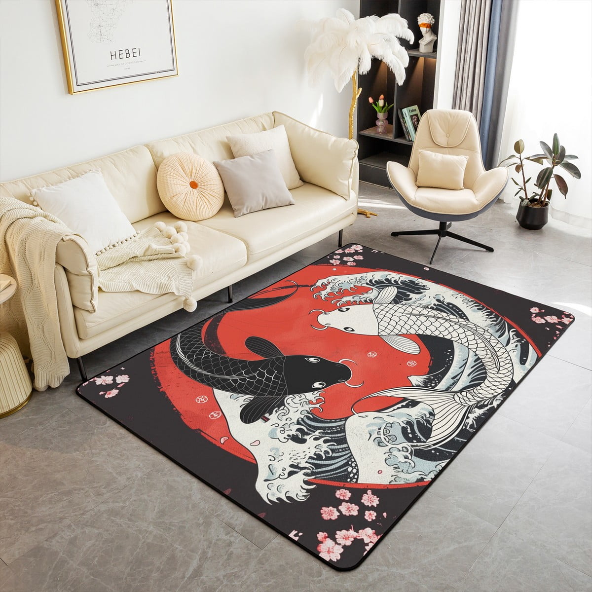 Japanese Ukiyoe Koi Fish 5X7 Carpet Pink Cherry Blossom Area Rug Sea ...
