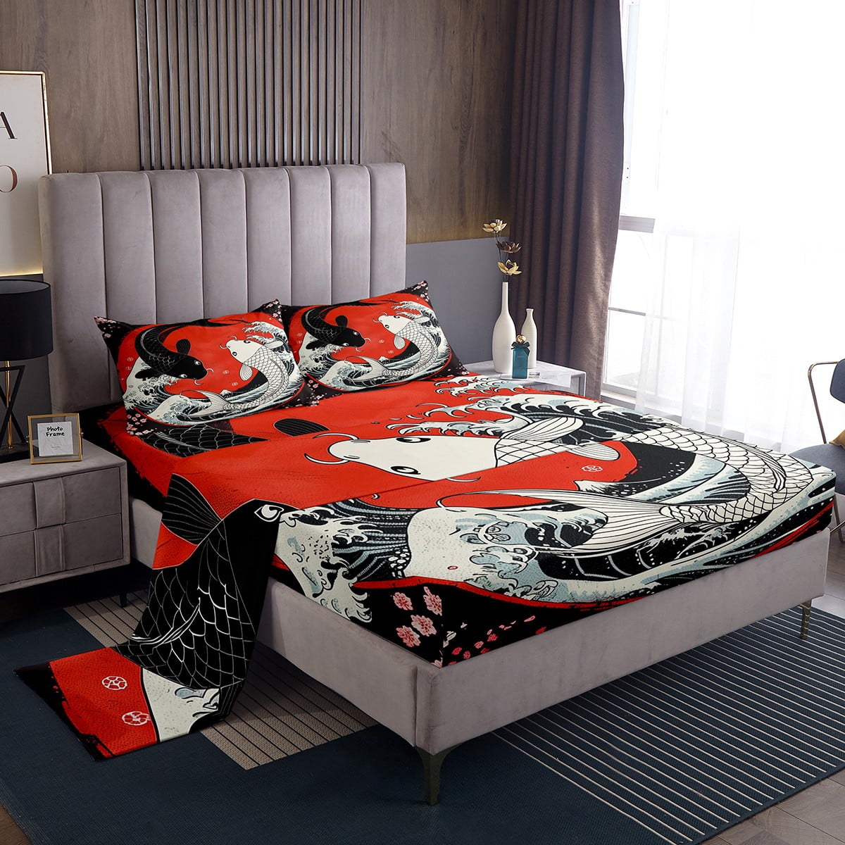 Japanese Ukiyoe Koi Fish Bed Sheets Queen,Ocean Surfing Sheet Set For ...