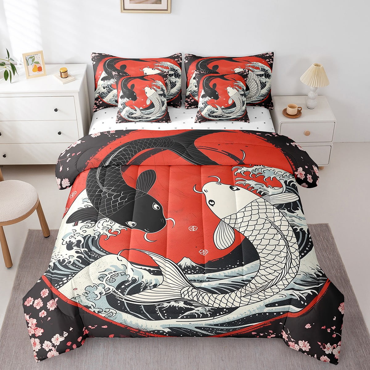 Japanese Ukiyoe Koi Fish Queen Comforter Set 7 Piece,Ocean Surfing ...