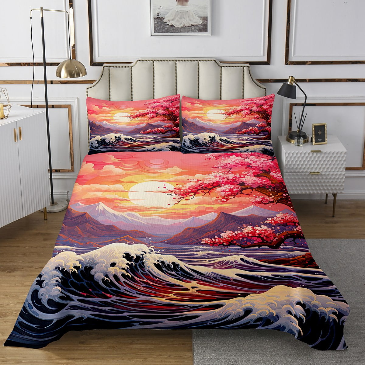 Japanese Ukiyoe Quilt Set Hokusai Ocean Wave Decor Coverlet Set Pink ...