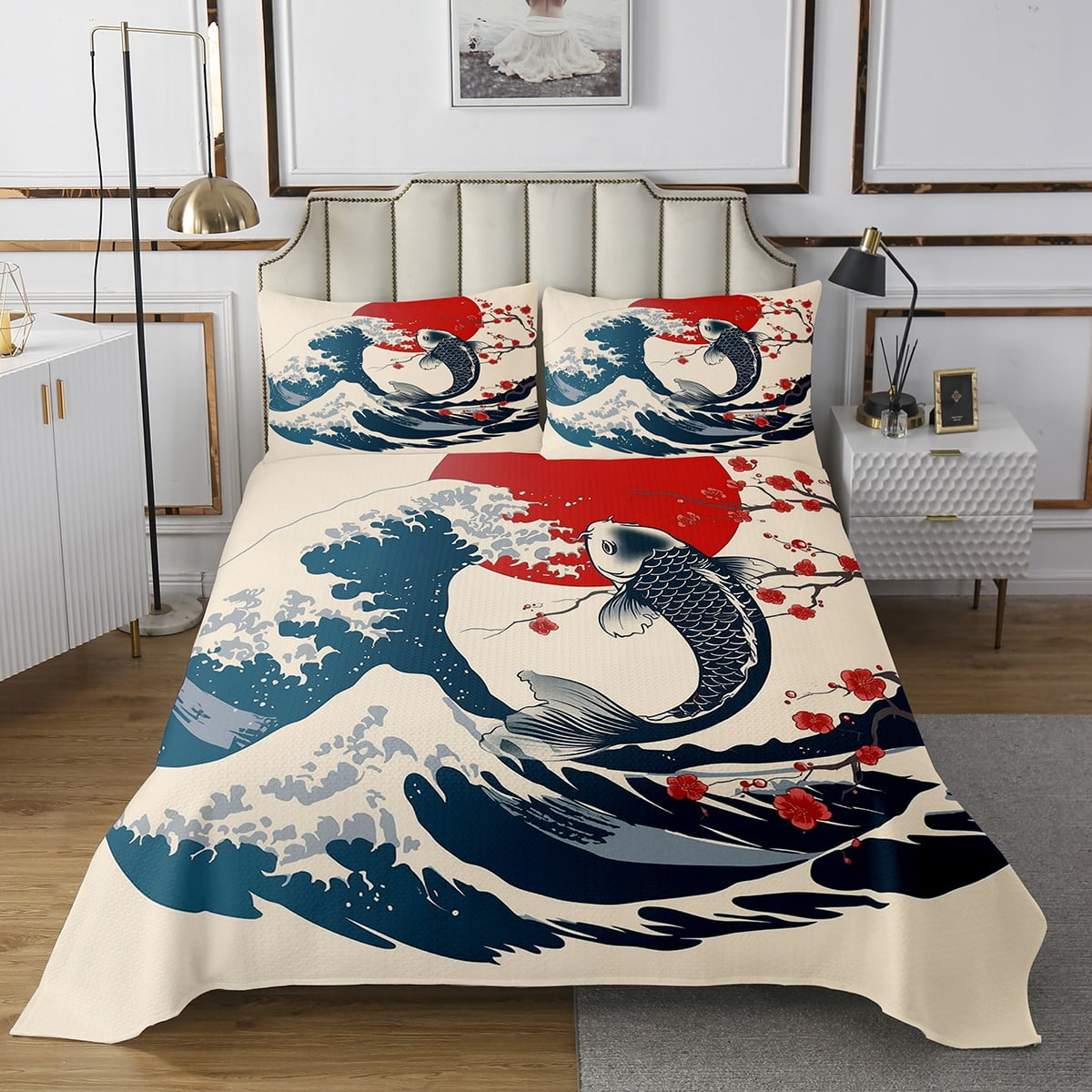 Japanese Ukiyoe Twin Coverlet Set Carp Ocean Wave Quilt Set Red Moon ...