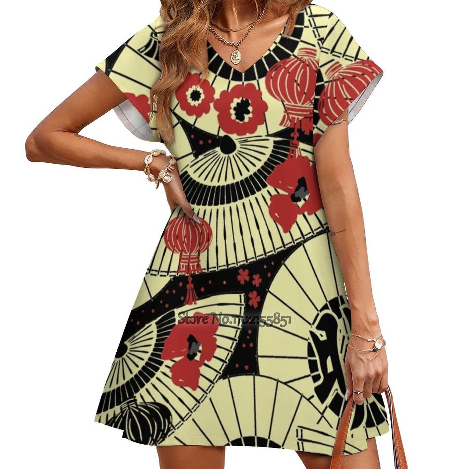 Japanese Umbrella Pattern Back Lacing Backless Dress Square Neck Dress ...