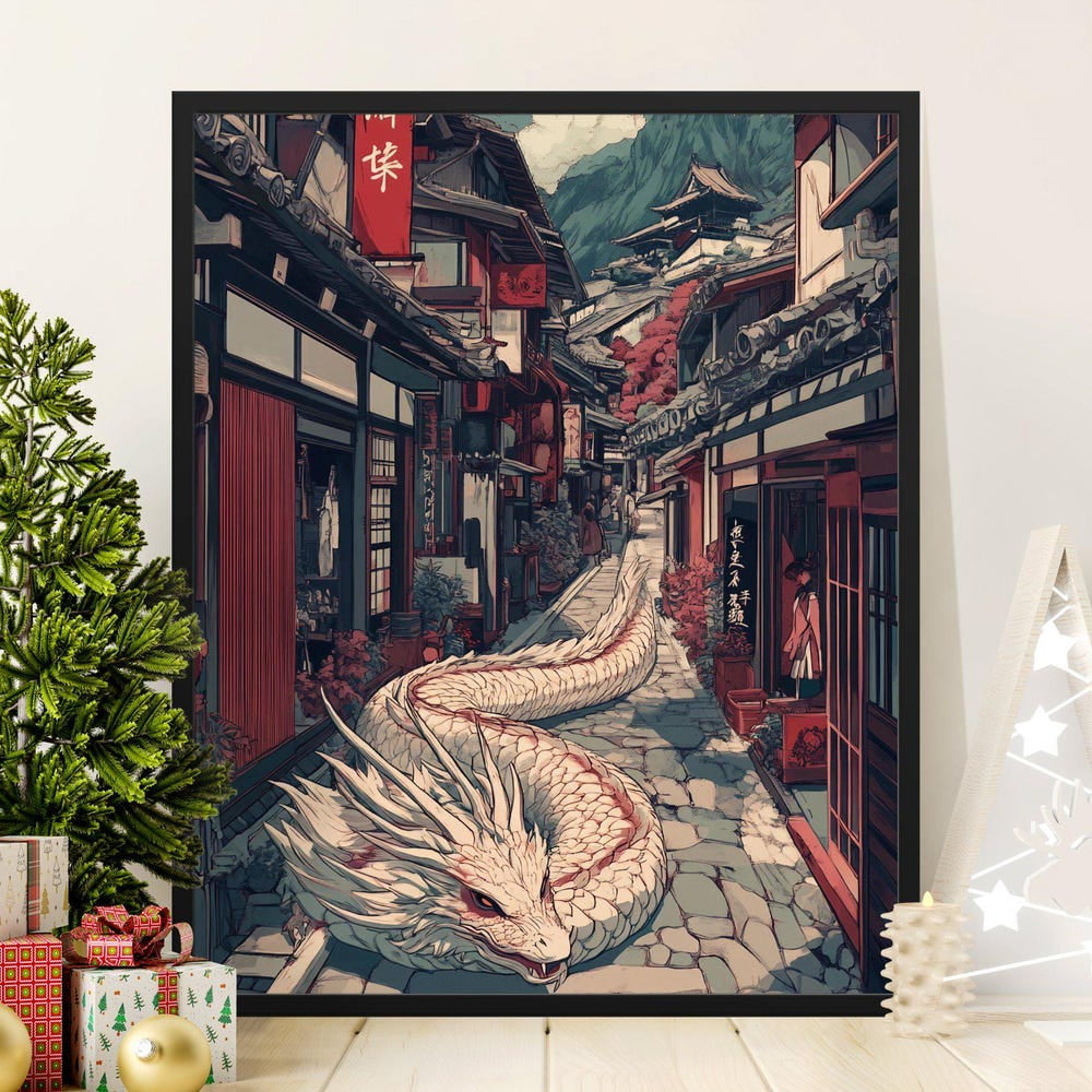 Japanese Village Dragon Fantasy Art Print, Serpentine Creature Alley ...
