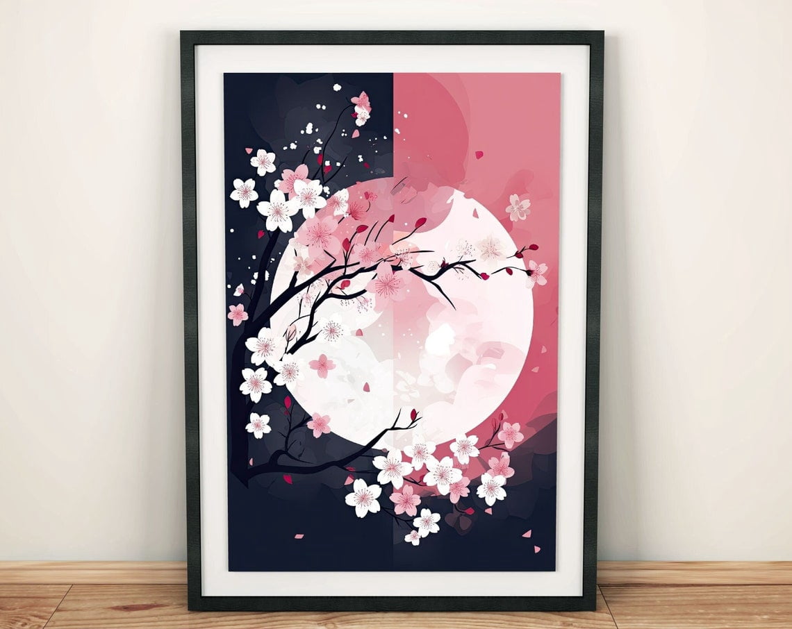 Japanese Wall Art For The Bedroom Cherry Blossom And Moon Art Pink ...