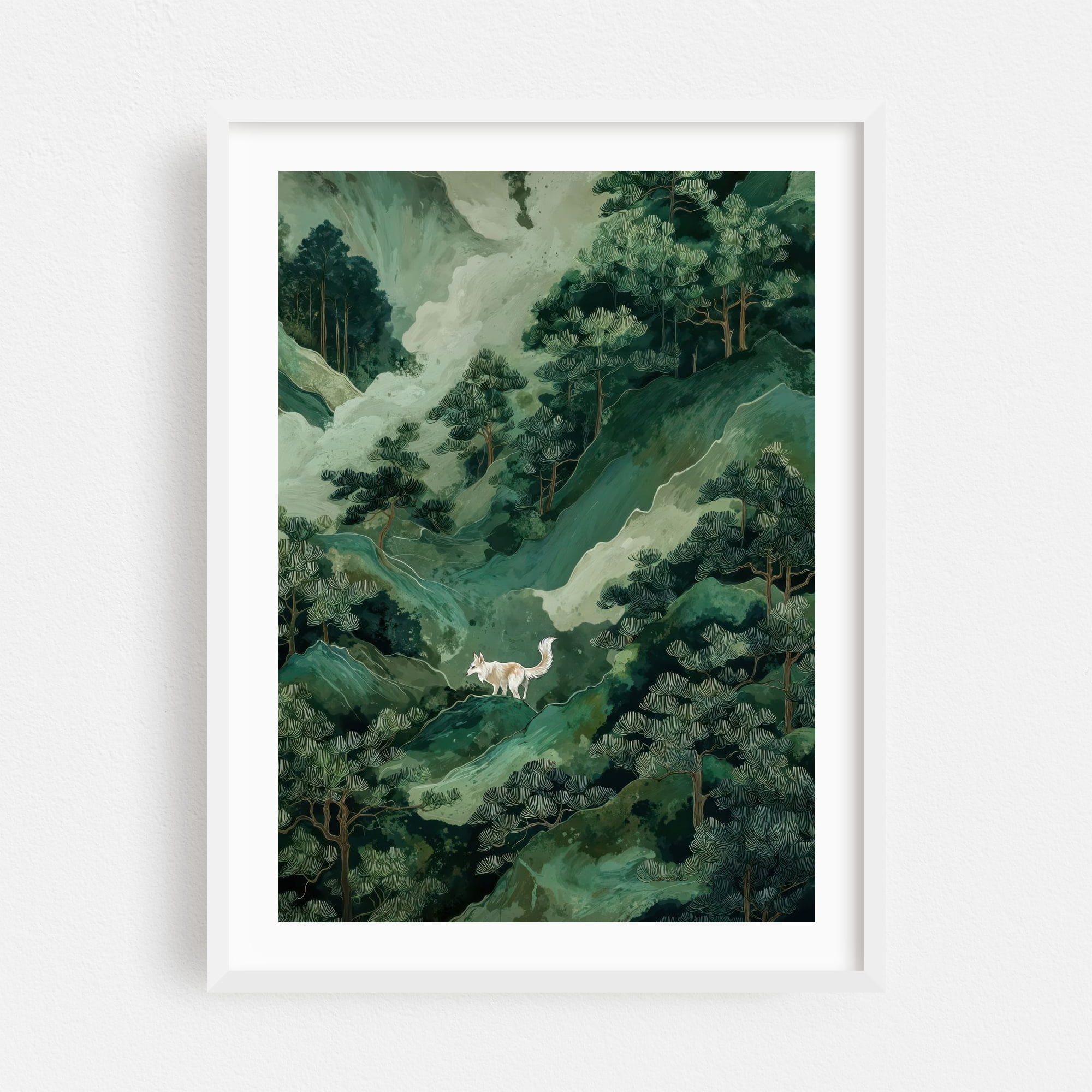 Japanese Wall Art Maximalist Forest Fox Print Japandi Art Sage Green ...