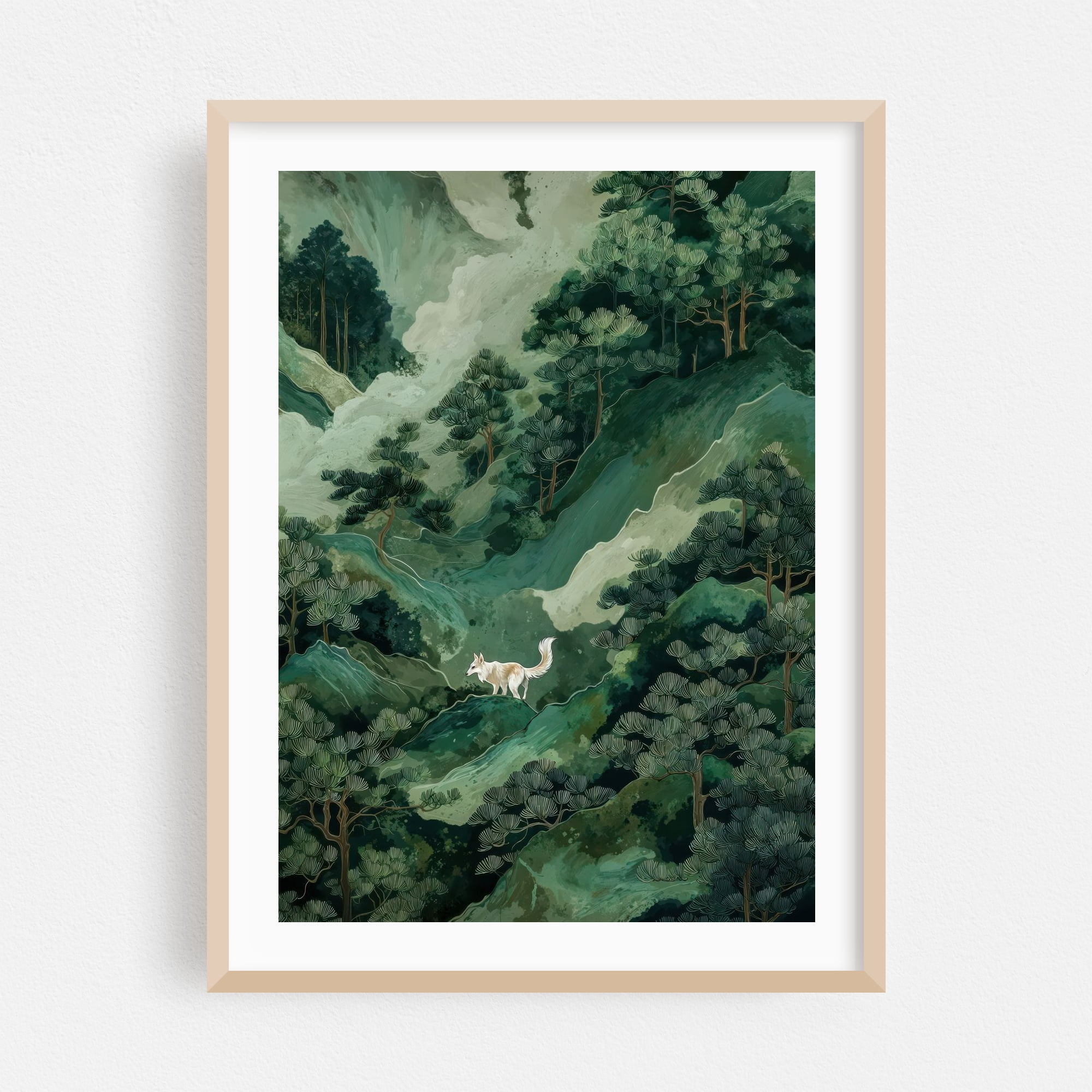 Japanese Wall Art Maximalist Forest Fox Print Japandi Art Sage Green ...