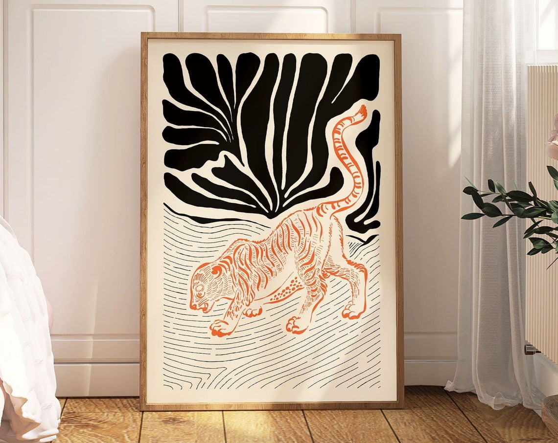 Japanese Wall Art Print Poster, Beige Vintage Tiger Illustration ...
