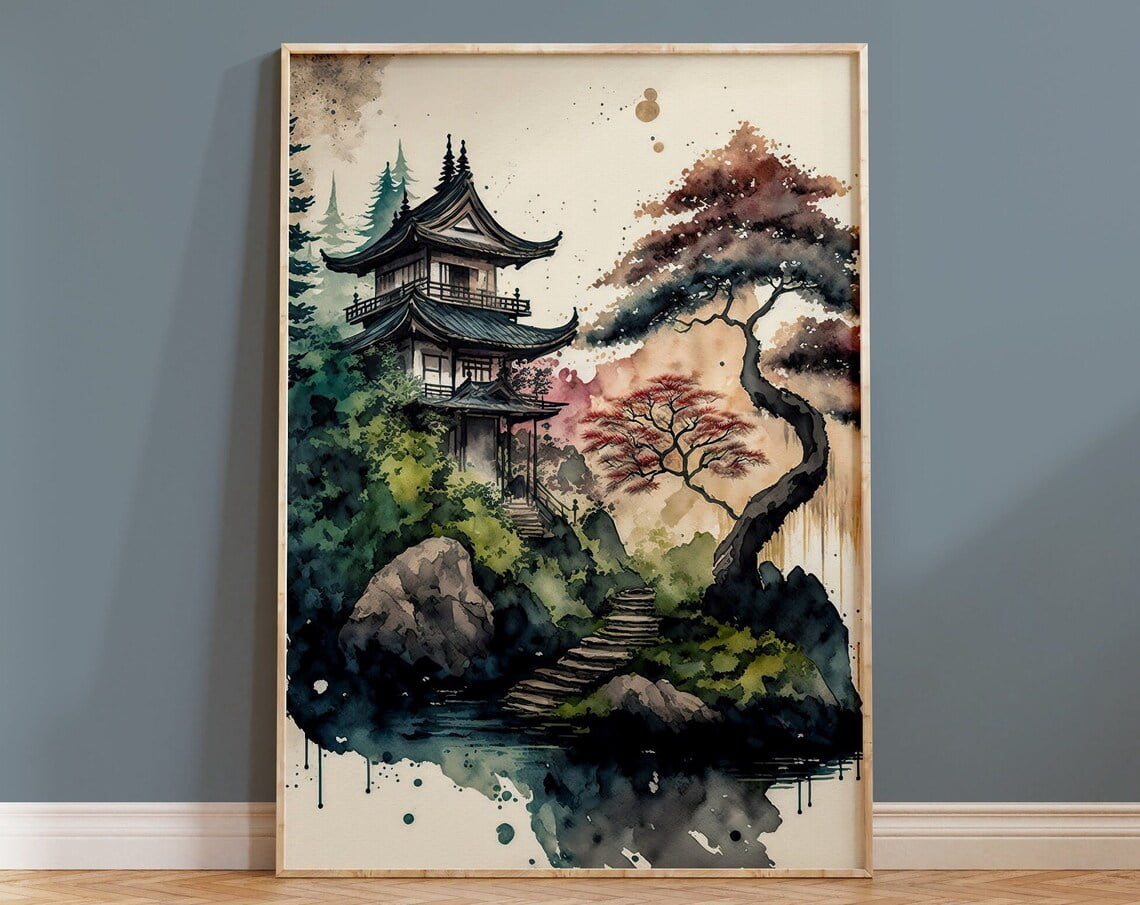 Japanese Wall Art Print Watercolour Boho Housewarming Gift Pagoda ...