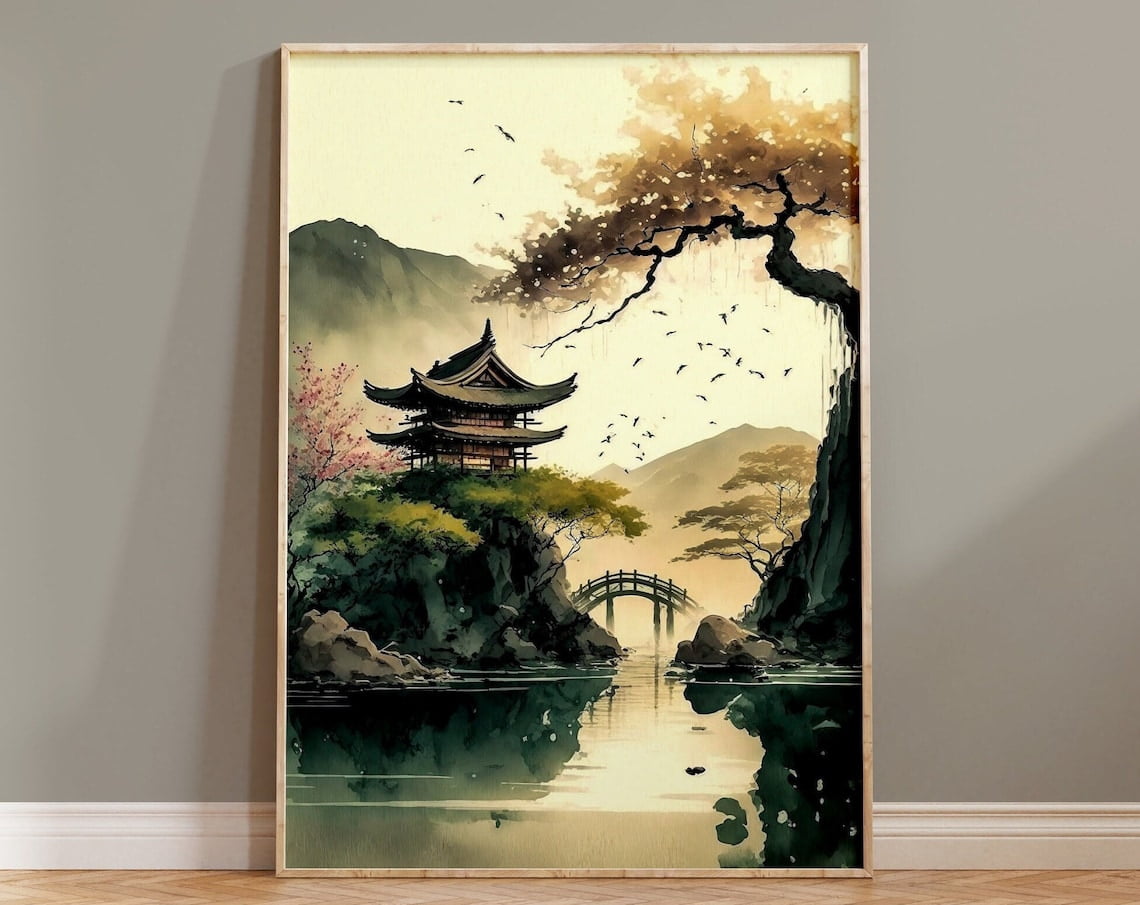 Japanese Wall Art Print Watercolour Boho Housewarming Gift Pagoda ...