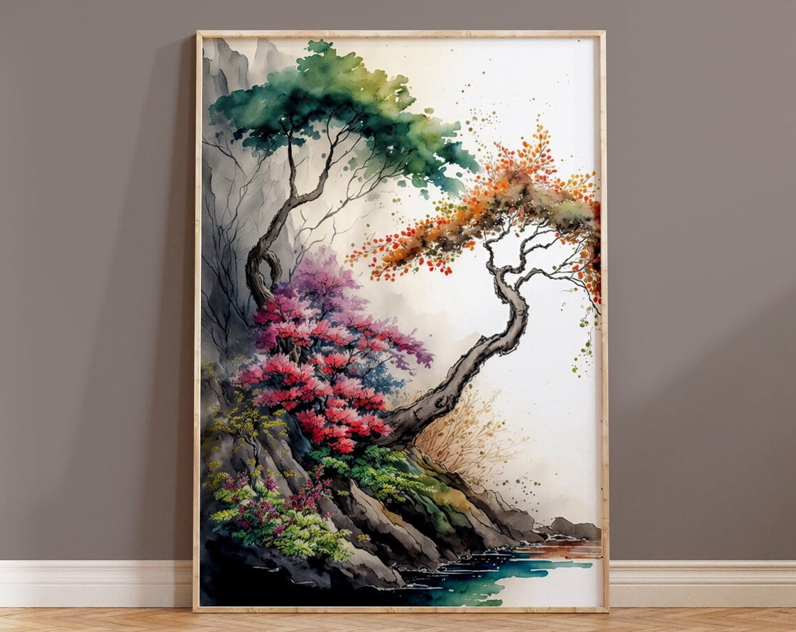 Japanese Wall Art Print Watercolour Boho Housewarming Gift Sakura Tree ...