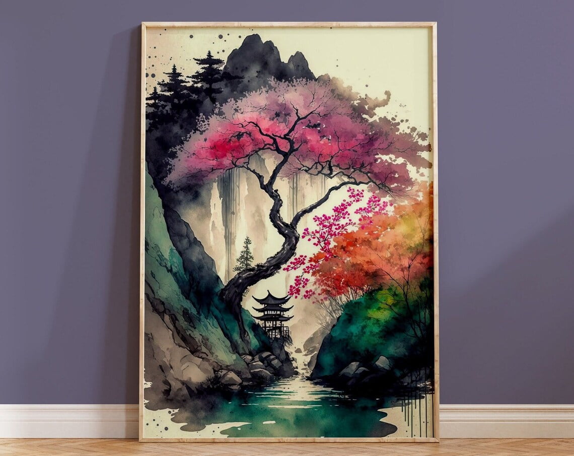 Japanese Wall Art Print Watercolour Boho Housewarming Gift Sakura Tree ...