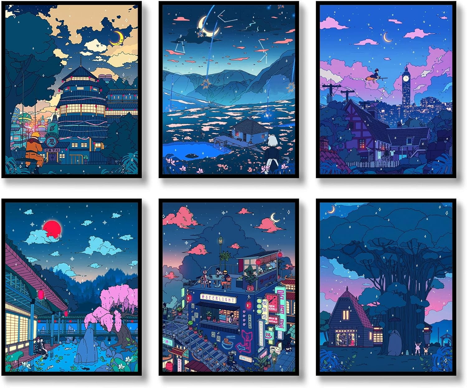 Japanese Wall Art Prints Set of 6 Comic Wall Art Starry Sky Posters ...