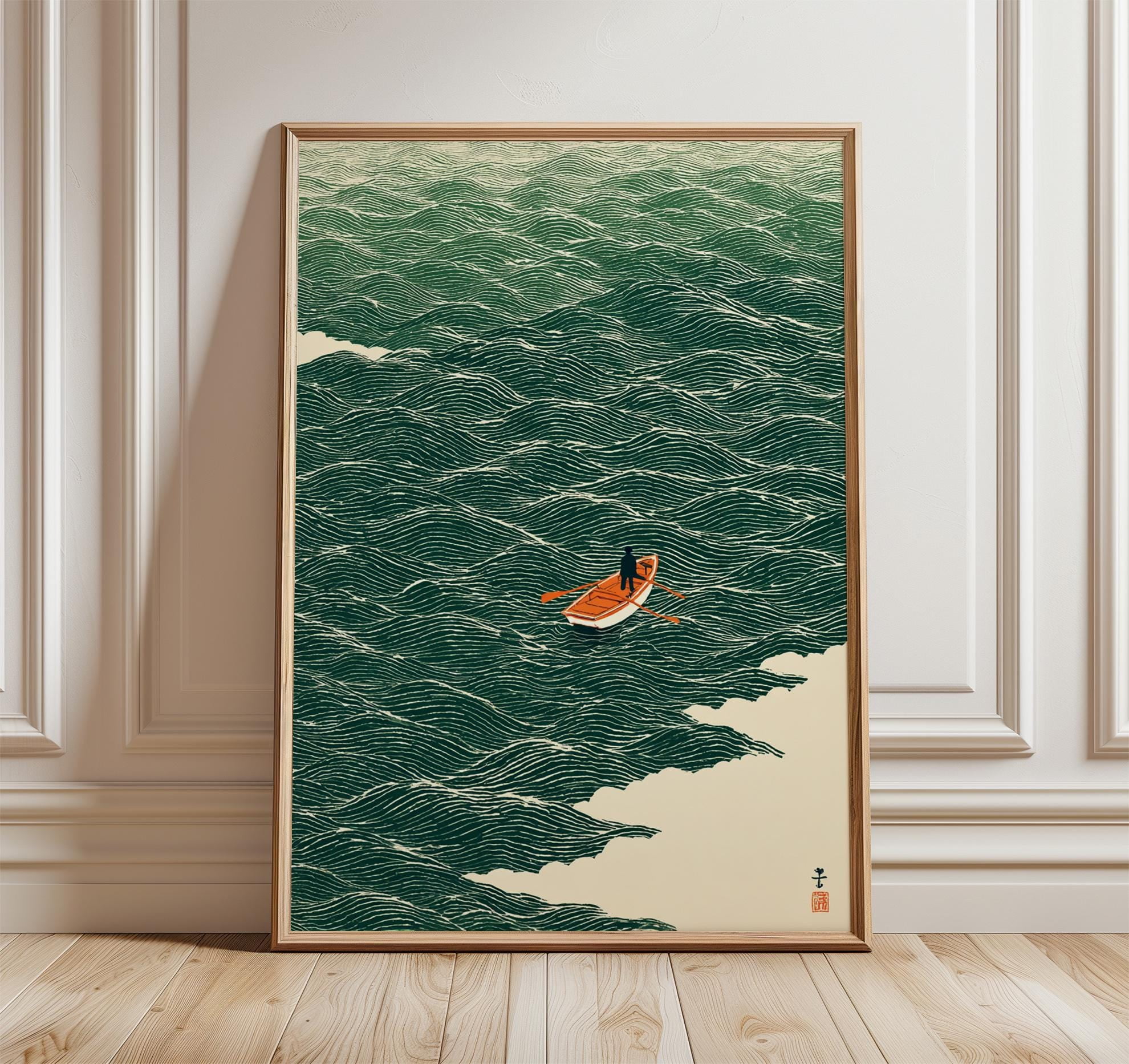 Japanese Wave Art, Boat at Sea, Minimalist Ocean, Traditional Style ...