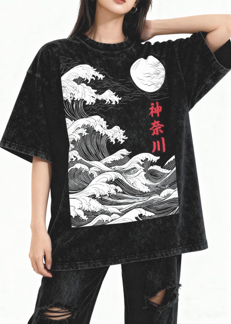 Japanese Wave Art Graphic Tee with Moon and Bold Kanji Illustration in ...