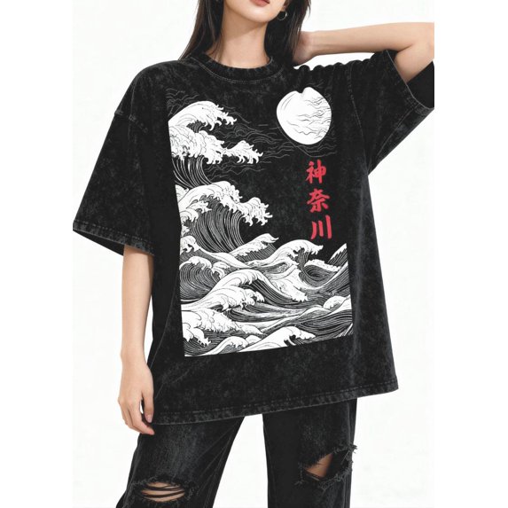 Japanese Wave Art Graphic Tee with Moon and Bold Kanji Illustration in ...