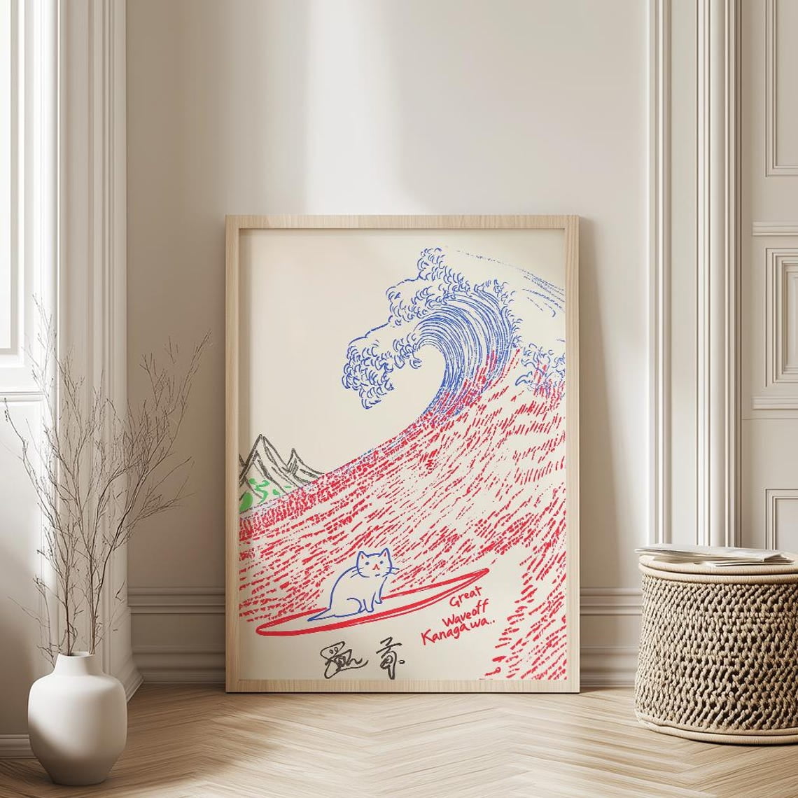 Japanese Wave Art Print, Cute Cat , Hokusai The Great Wave Art Print ...