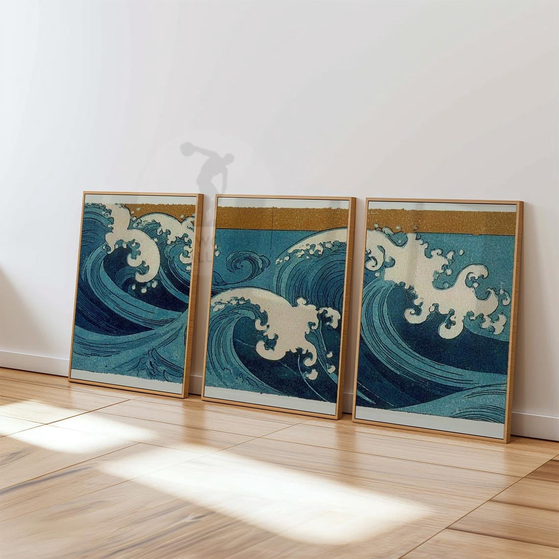Japanese Wave Blue Gold Coastal Wall Art Set 3 Unframed Paper Print ...