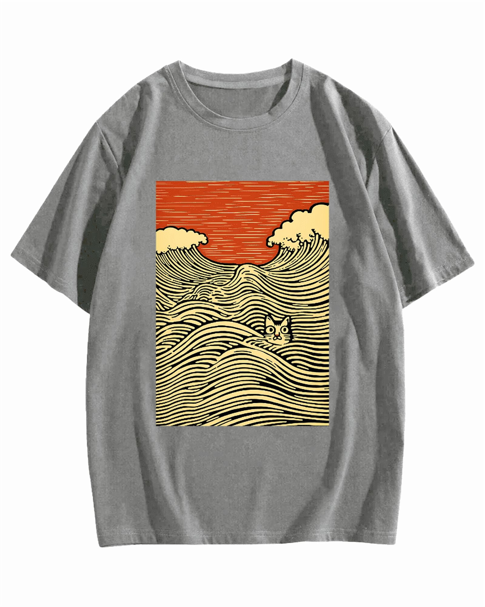 Japanese Wave Cat Cotton casual T-shirt - Walmart.com