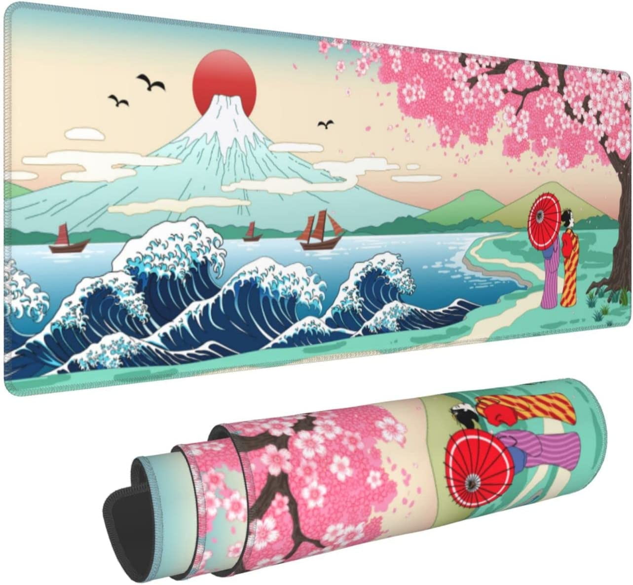 Japanese Wave Cherry Blossom Gaming Mouse Pad XL, Large Non Slip Rubber ...