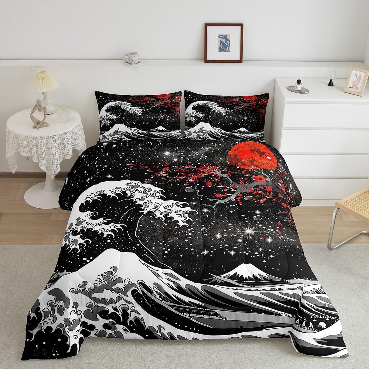 Japanese Wave Comforter Set Queen Size Kids Cherry Blossoms Comforter ...