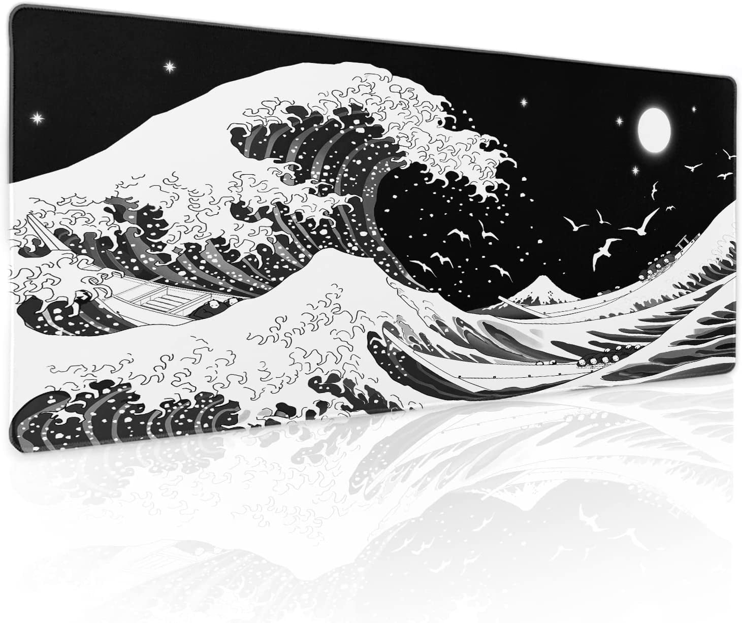 Japanese Wave Gaming Mouse Pad XL Black White Sea Aesthetic Moon ...